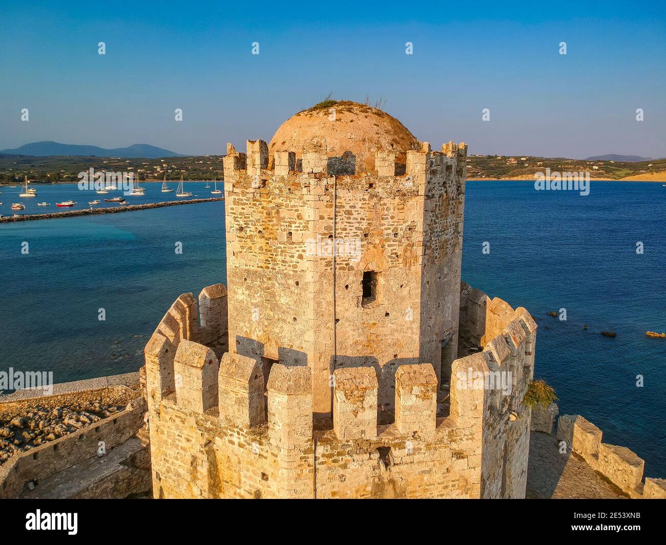 Aerial view over Methoni Castle and the fortified city. Its one of the ...