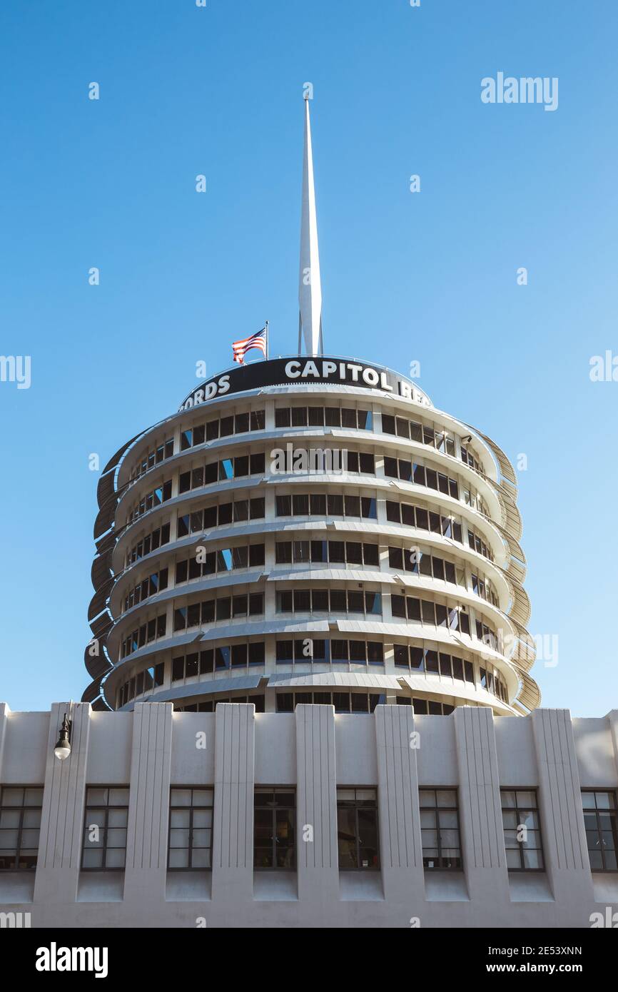 Low angle view of Hollywood's iconic structure, the Capitol Records ...