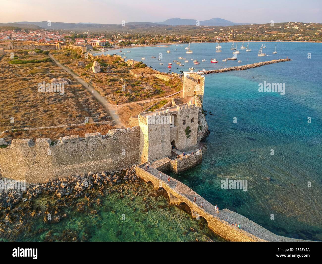 Aerial view over Methoni Castle and the fortified city. Its one of the ...