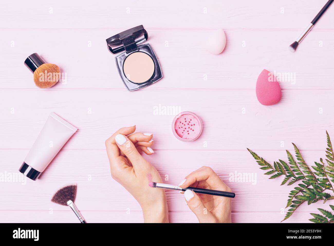 Female hands applying sample of pink blush with makeup brush next to ...