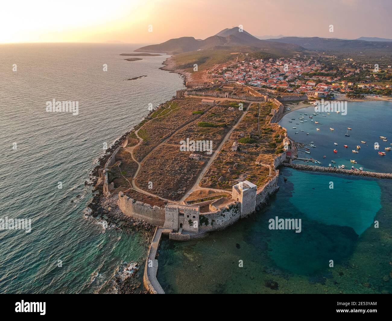 Aerial view over Methoni Castle and the fortified city. Its one of the ...