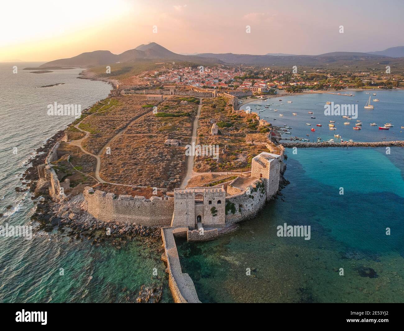 Aerial view over Methoni Castle and the fortified city. Its one of the ...