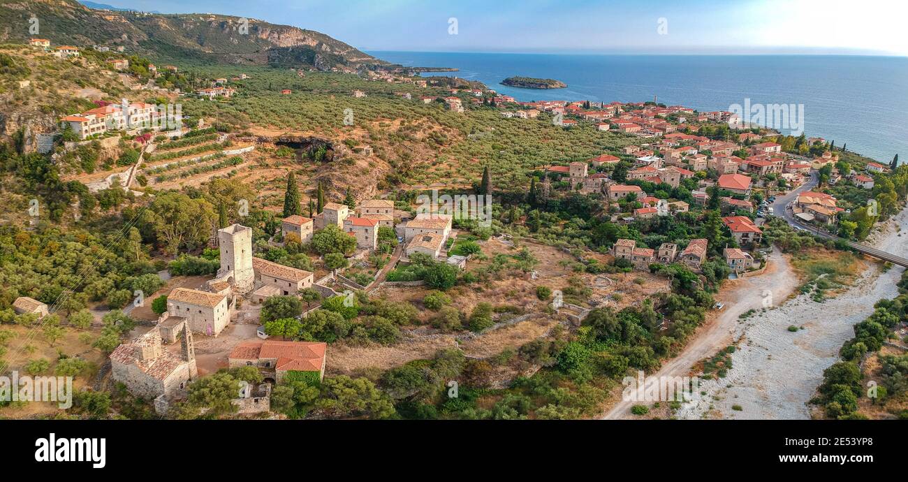 Aerial view of the wonderful seaside village of Kardamyli, Greece ...