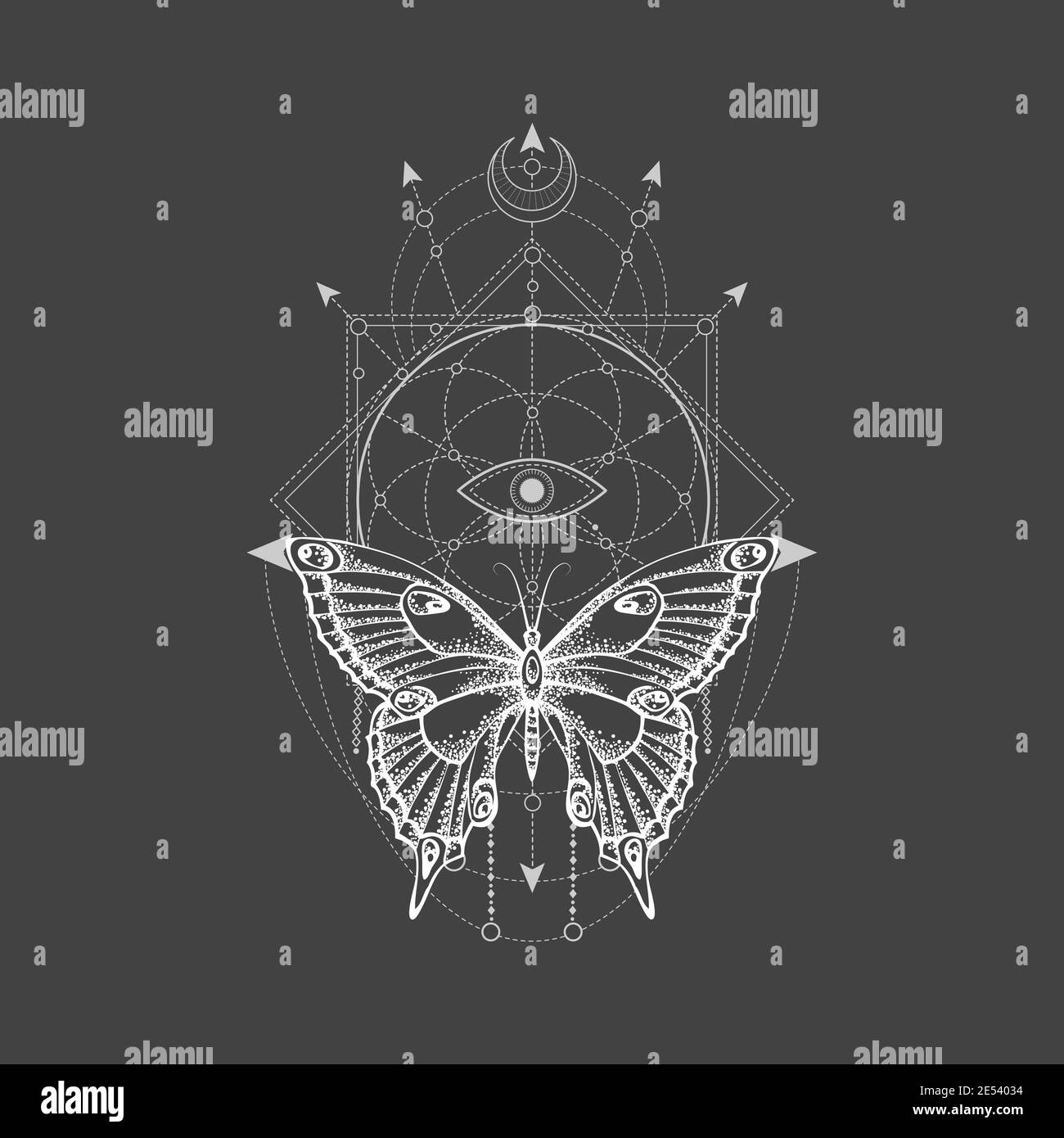 Vector illustration with hand drawn butterfly and Sacred geometric ...