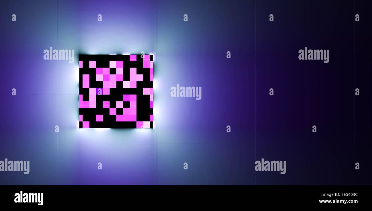 square block cube with pixel optic and glowing neon violet lights on ...