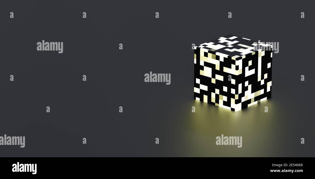 cube shape on dark background with pixelated glowing surface 3d render ...