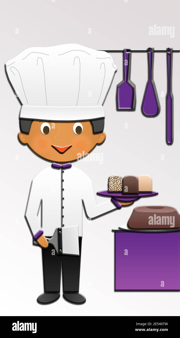 Cartoon of a cute Happy Chocolatier Chef, in a uniform, with some ...