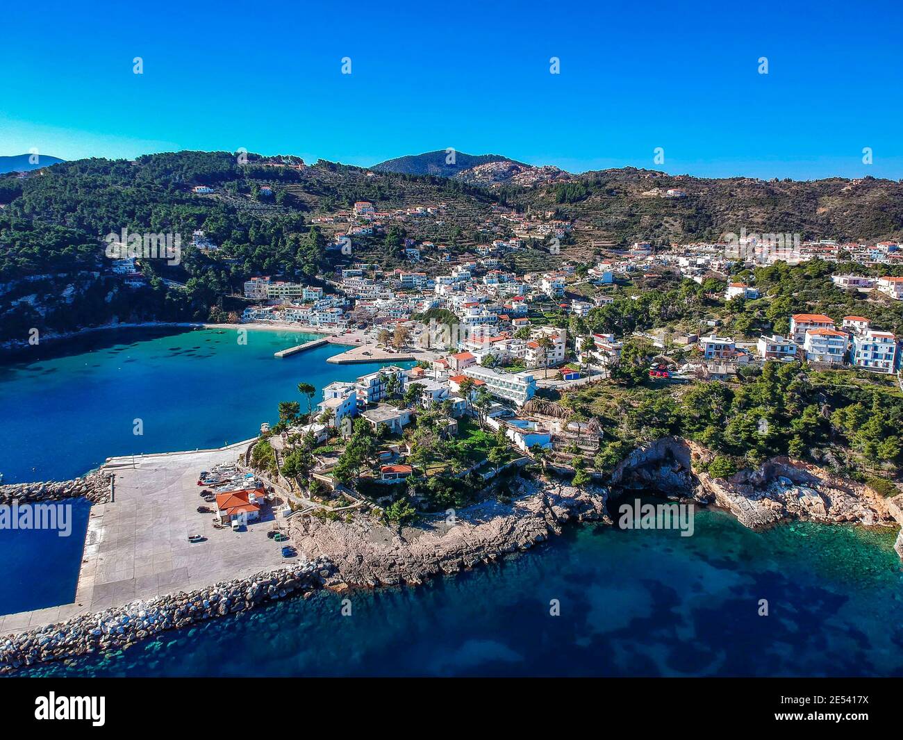 Aerial view over Patitiri town in Alonnisos island, Greece Stock Photo ...