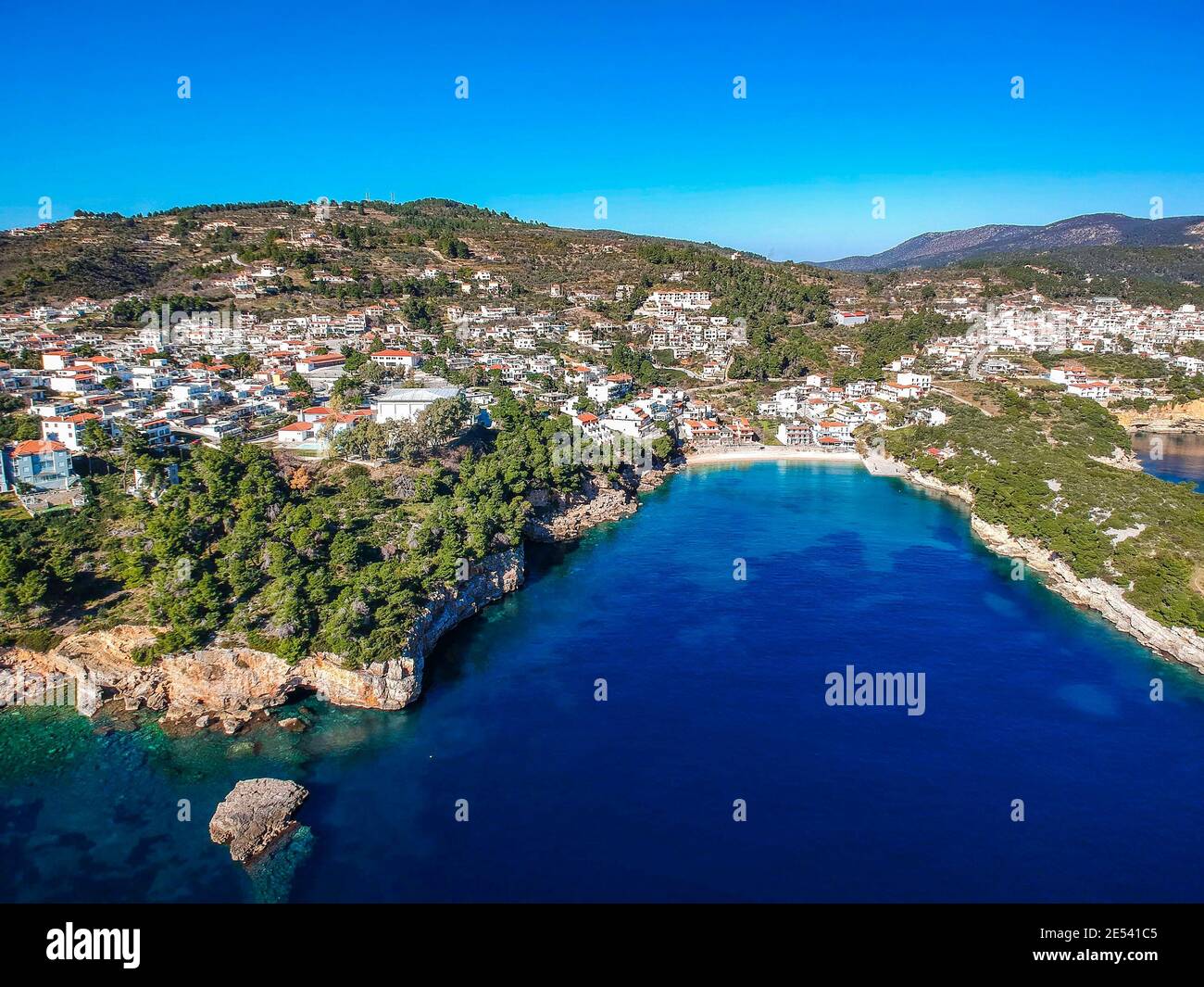 Aerial view over Patitiri town in Alonnisos island, Greece Stock Photo ...