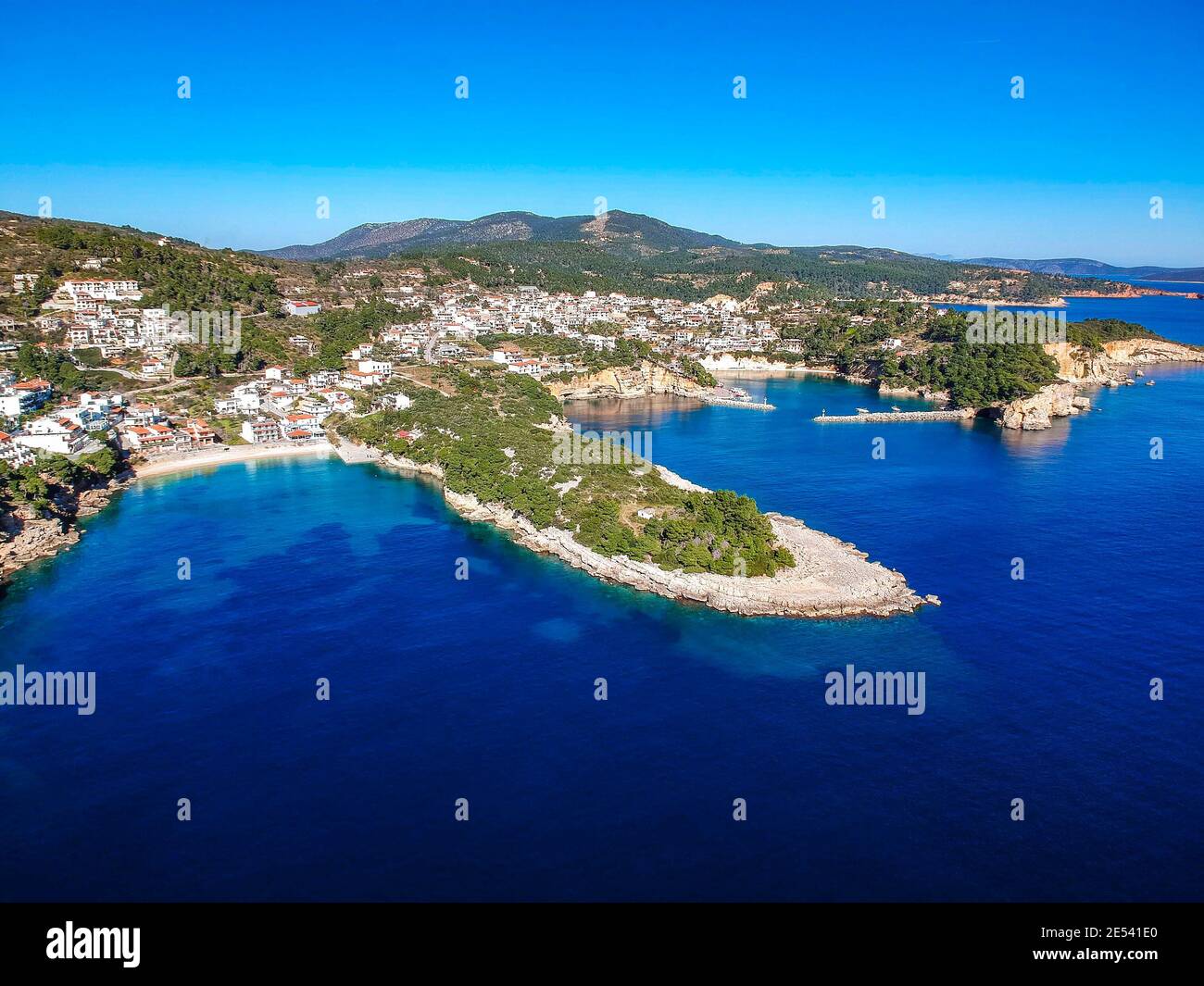 Aerial view over Patitiri town in Alonnisos island, Greece Stock Photo ...