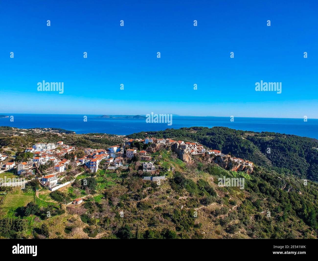 Aerial panoramic view over Chora the beautiful old Village of Alonnisos ...
