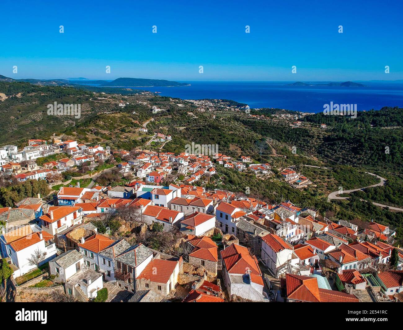 Aerial panoramic view over Chora the beautiful old Village of Alonnisos ...