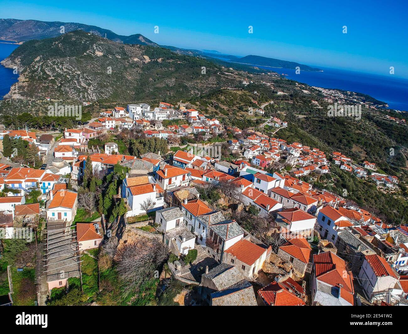 Aerial panoramic view over Chora the beautiful old Village of Alonnisos ...