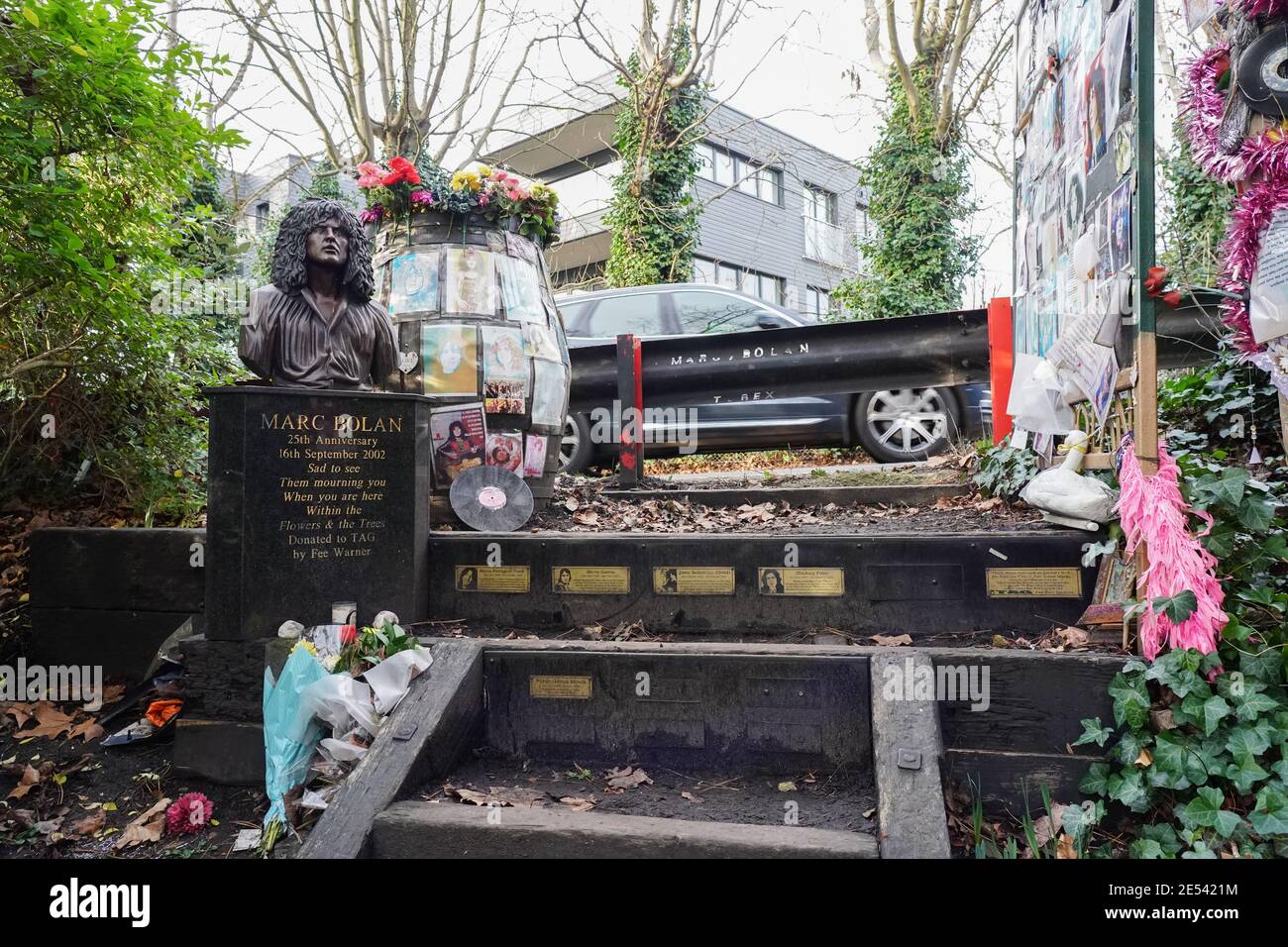 A shrine to the rock star Marc Bolan who was killed in a car crash in ...