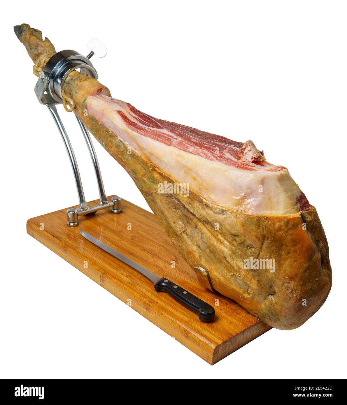 Cut of acorn-fed Iberian ham on metal and wood ham holder, typical ...