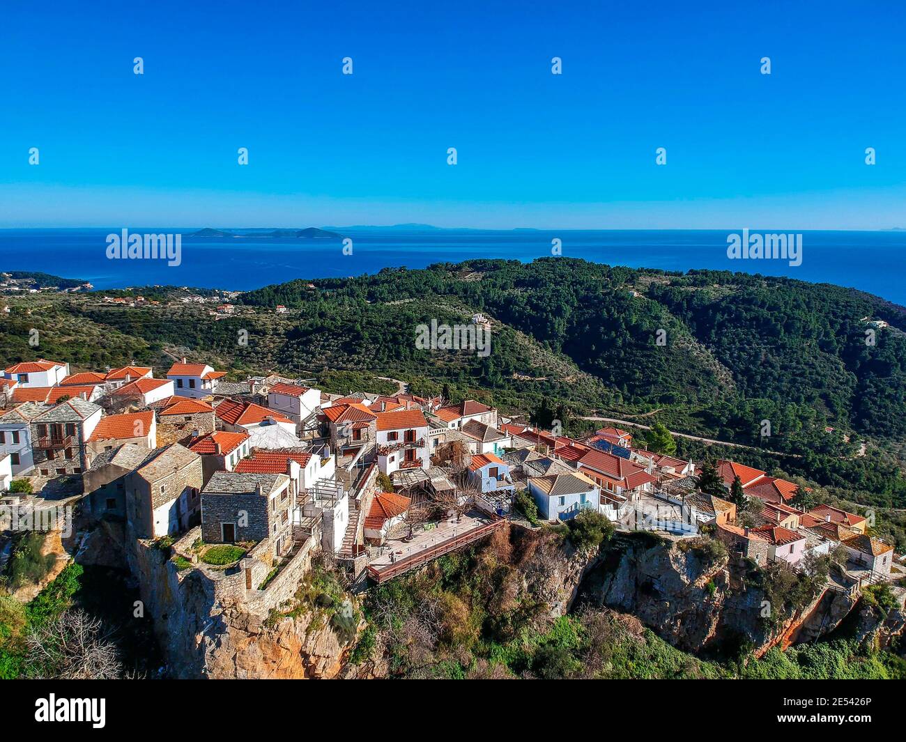 Aerial panoramic view over Chora the beautiful old Village of Alonnisos ...