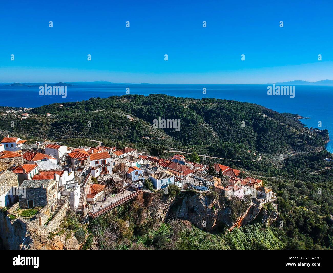 Aerial panoramic view over Chora the beautiful old Village of Alonnisos ...