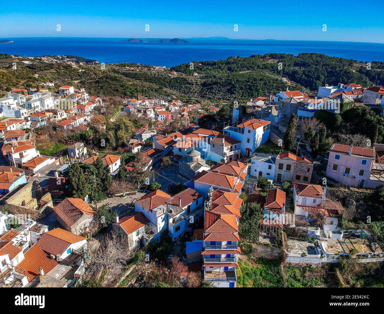Aerial panoramic view over Chora the beautiful old Village of Alonnisos ...
