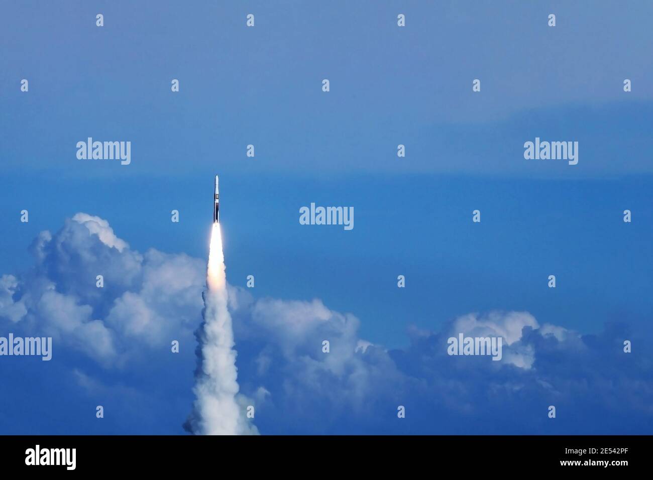 Launch of a space rocket into space. Against the background of the sky ...