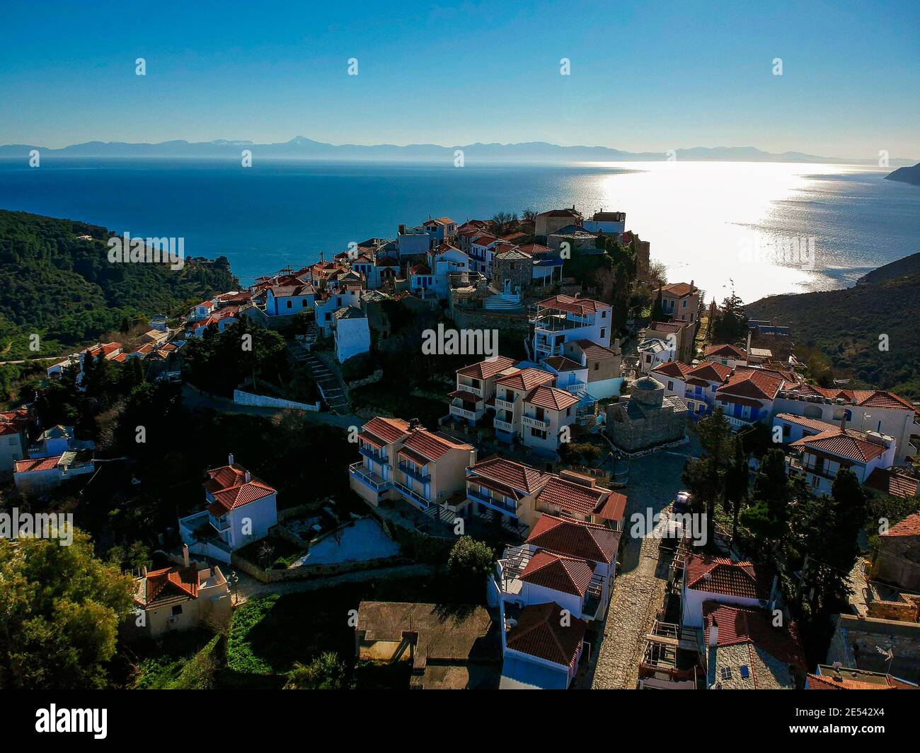 Aerial panoramic view over Chora the beautiful old Village of Alonnisos ...