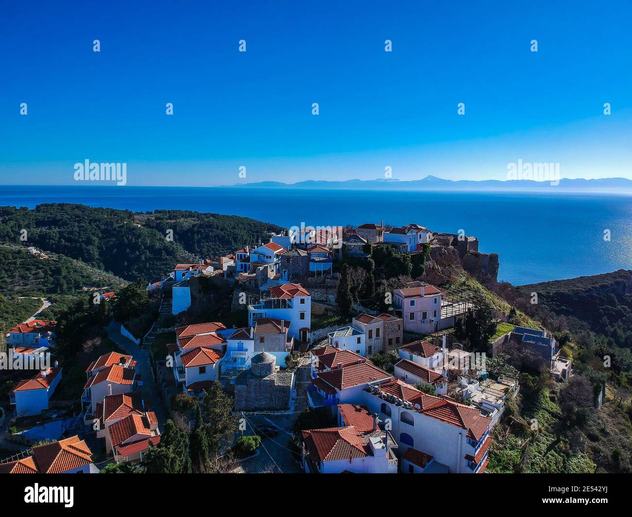 Aerial panoramic view over Chora the beautiful old Village of Alonnisos ...