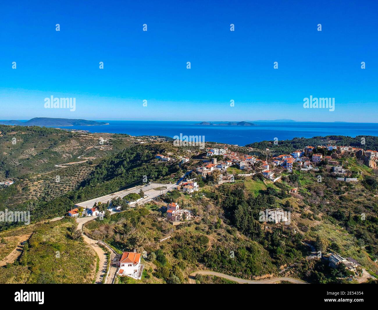 Aerial panoramic view over Chora the beautiful old Village of Alonnisos ...