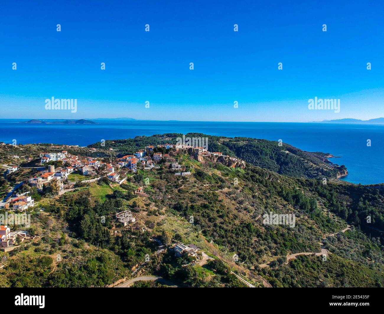Aerial panoramic view over Chora the beautiful old Village of Alonnisos ...