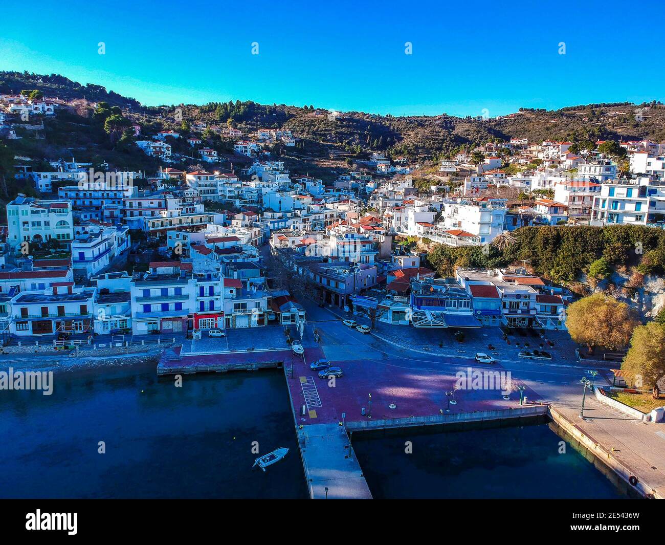 Aerial view over Patitiri town in Alonnisos island, Greece Stock Photo ...