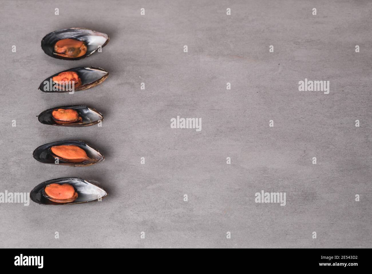 Seafood. The delicious, cooked mussels on a grey stone background ...
