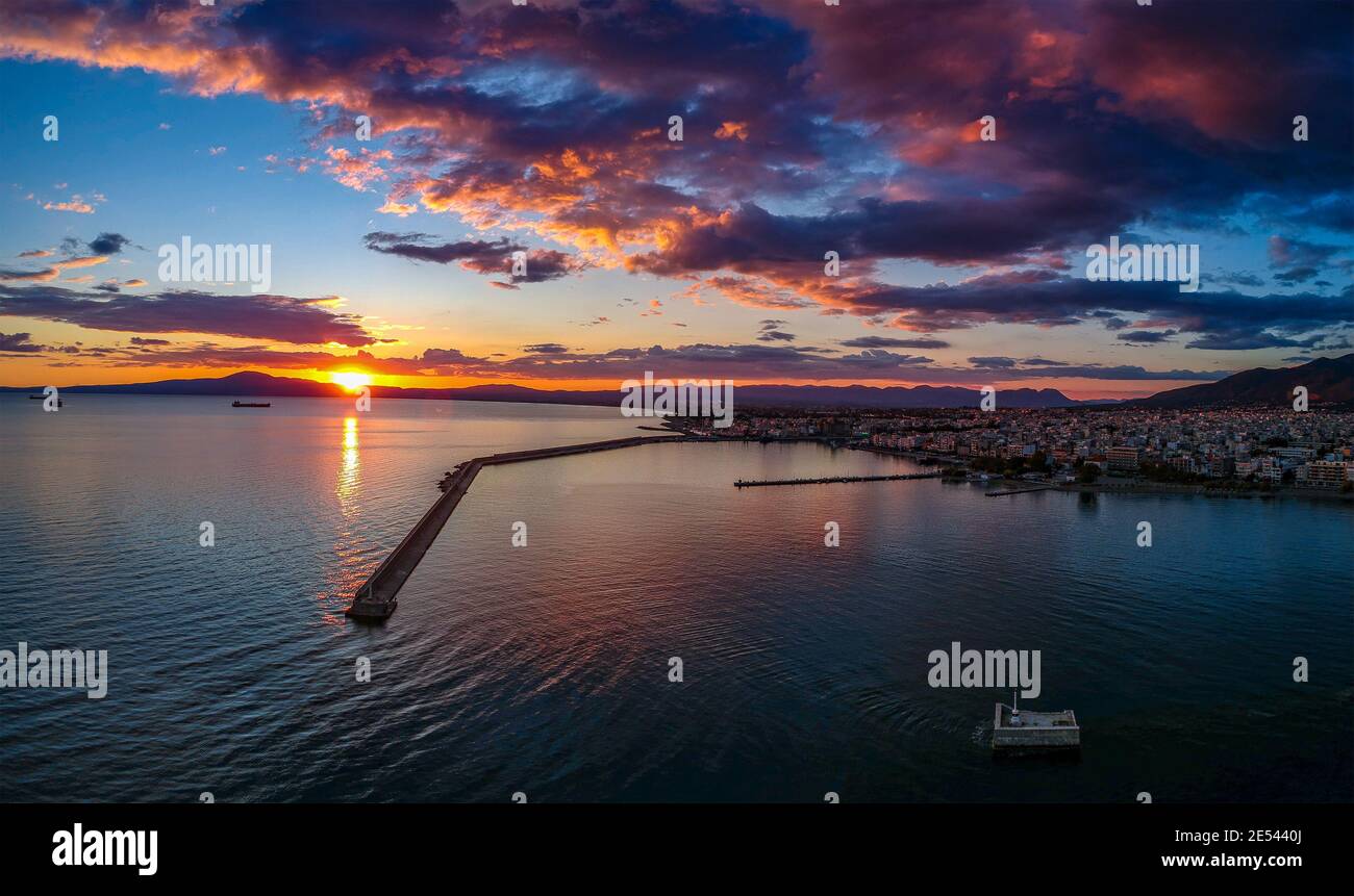 Aerial view over seaside city of Kalamata Messinia, Greece Stock Photo ...