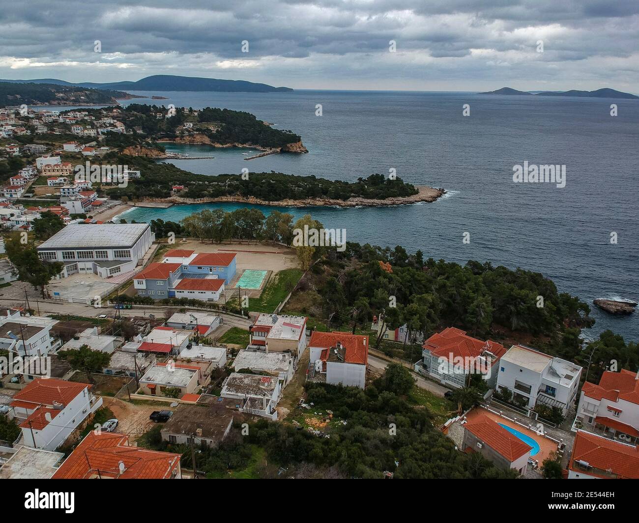 Aerial view over Patitiri town in Alonnisos island, Greece Stock Photo ...