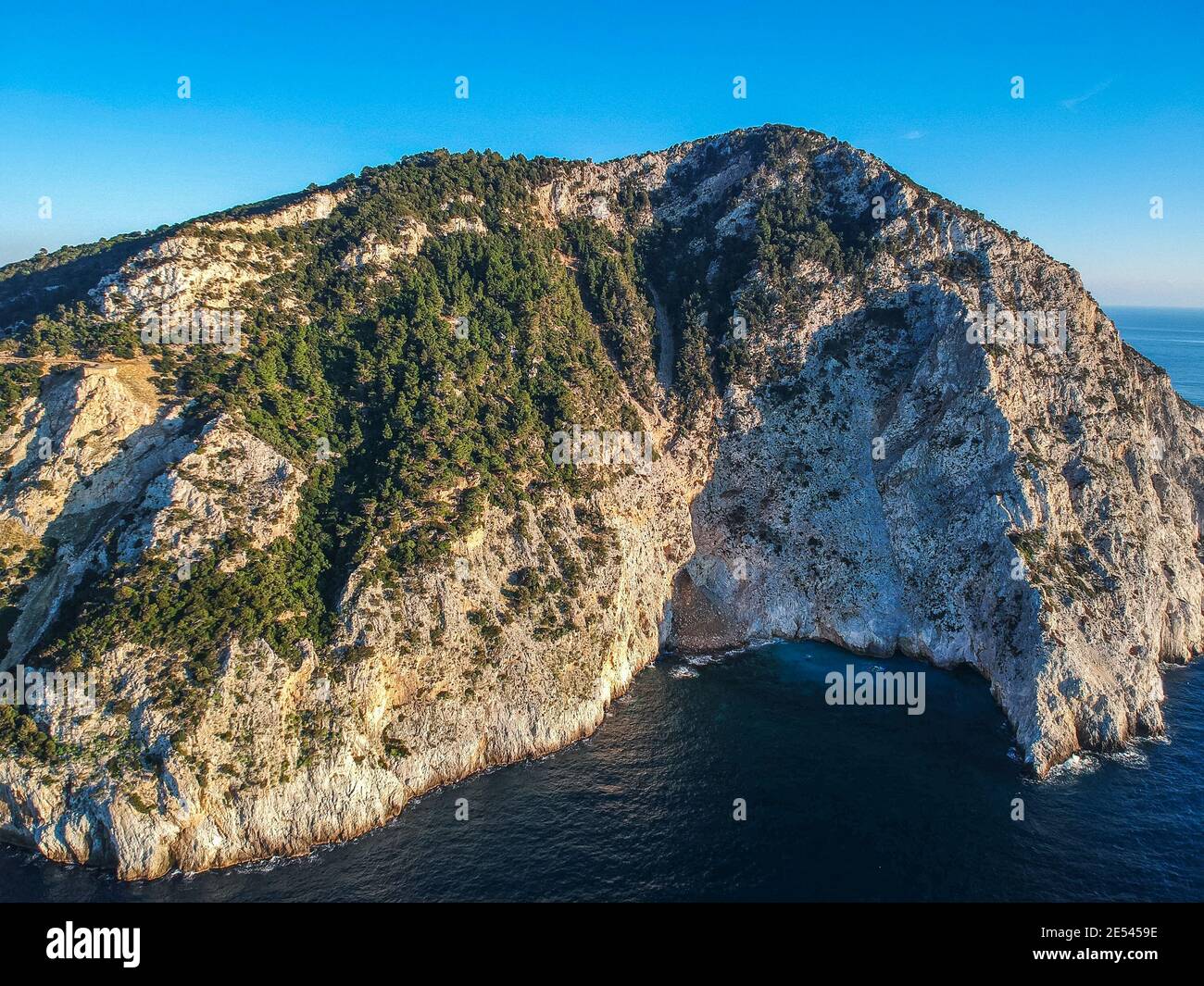 Aerial drone view over western Alonnisos towards Skopelos island at ...