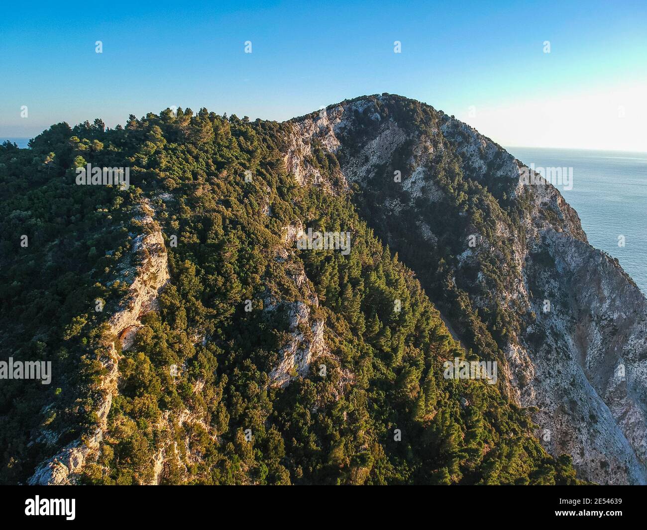 Aerial drone view over western Alonnisos towards Skopelos island at ...