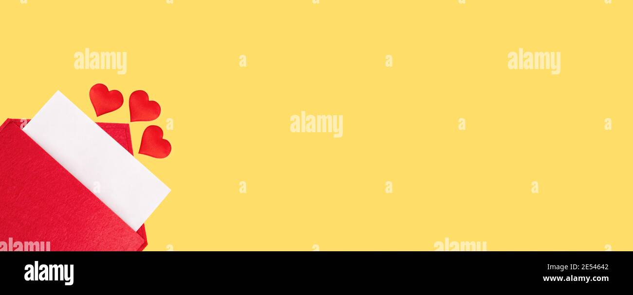 Banner red open envelope with a sheet of paper with a hearts on a ...