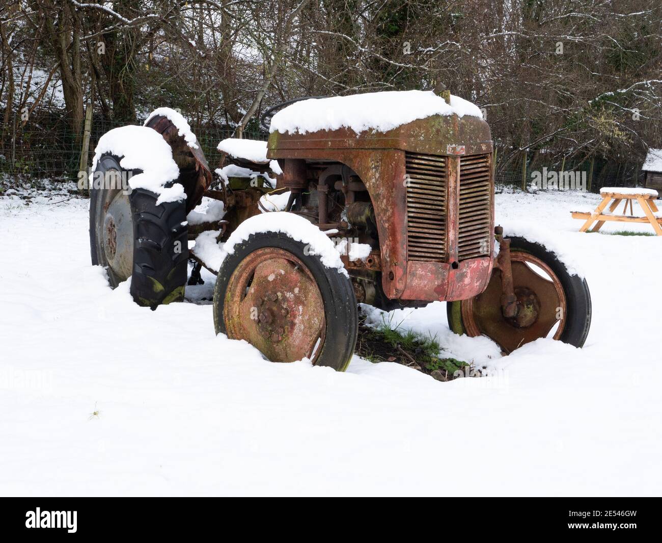 A snow covered vintage tractor abandoned in a field at Penleigh ...