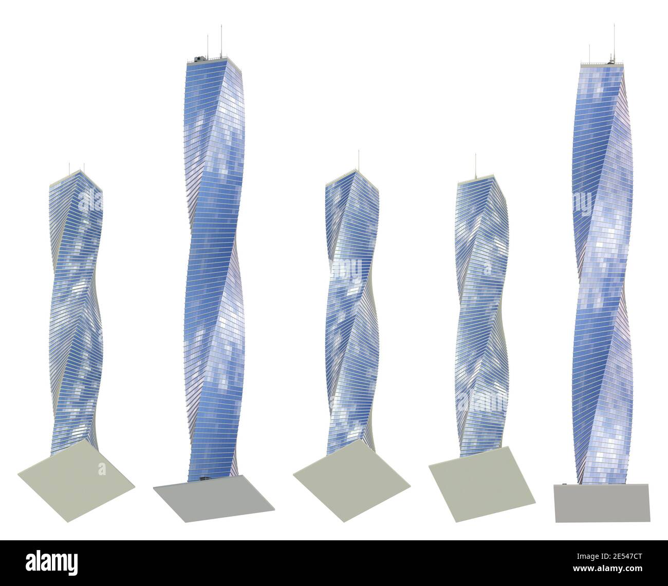 5 renders of fictional design buildings with helix construction with ...