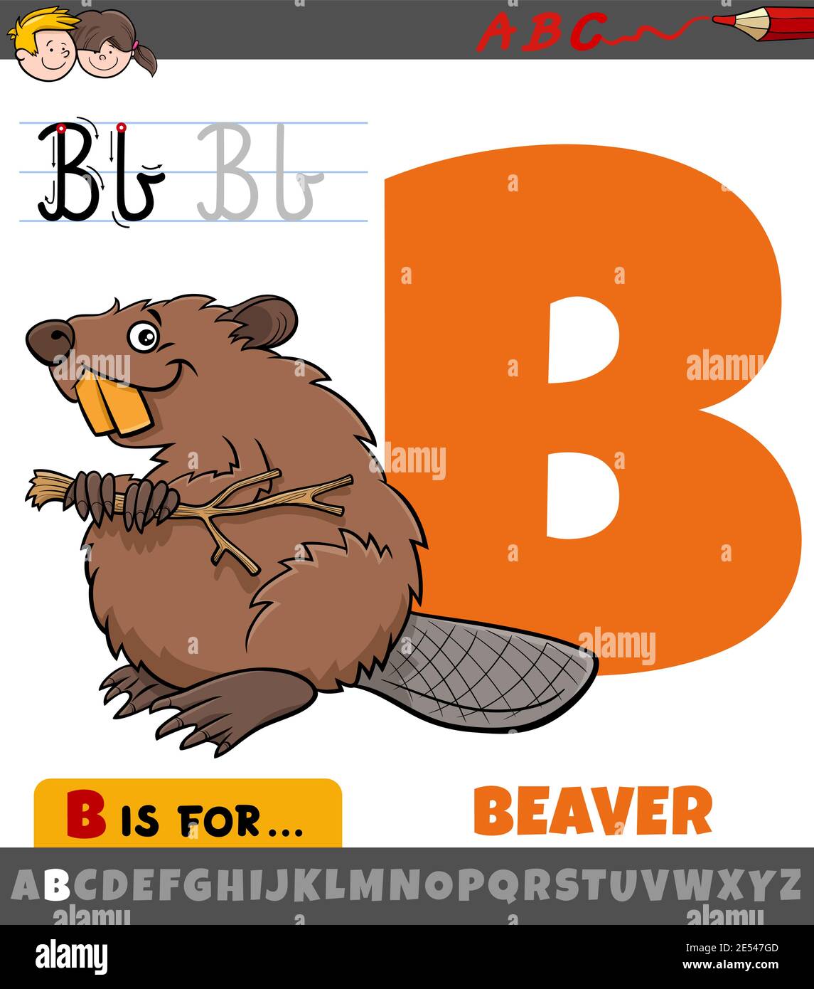 Educational cartoon illustration of letter B from alphabet with beaver ...