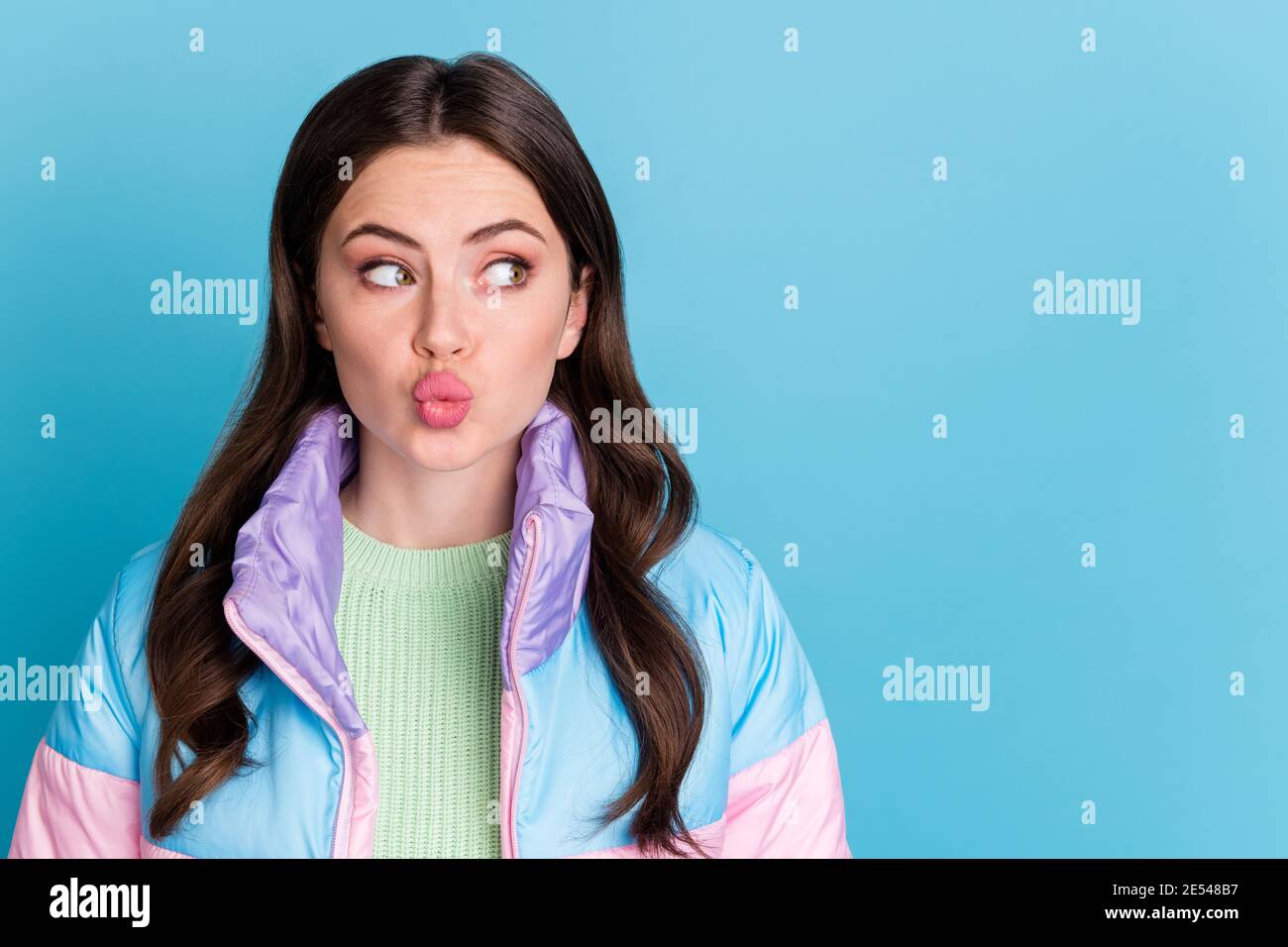 Photo portrait of girl with plump lips looking at blank space isolated ...
