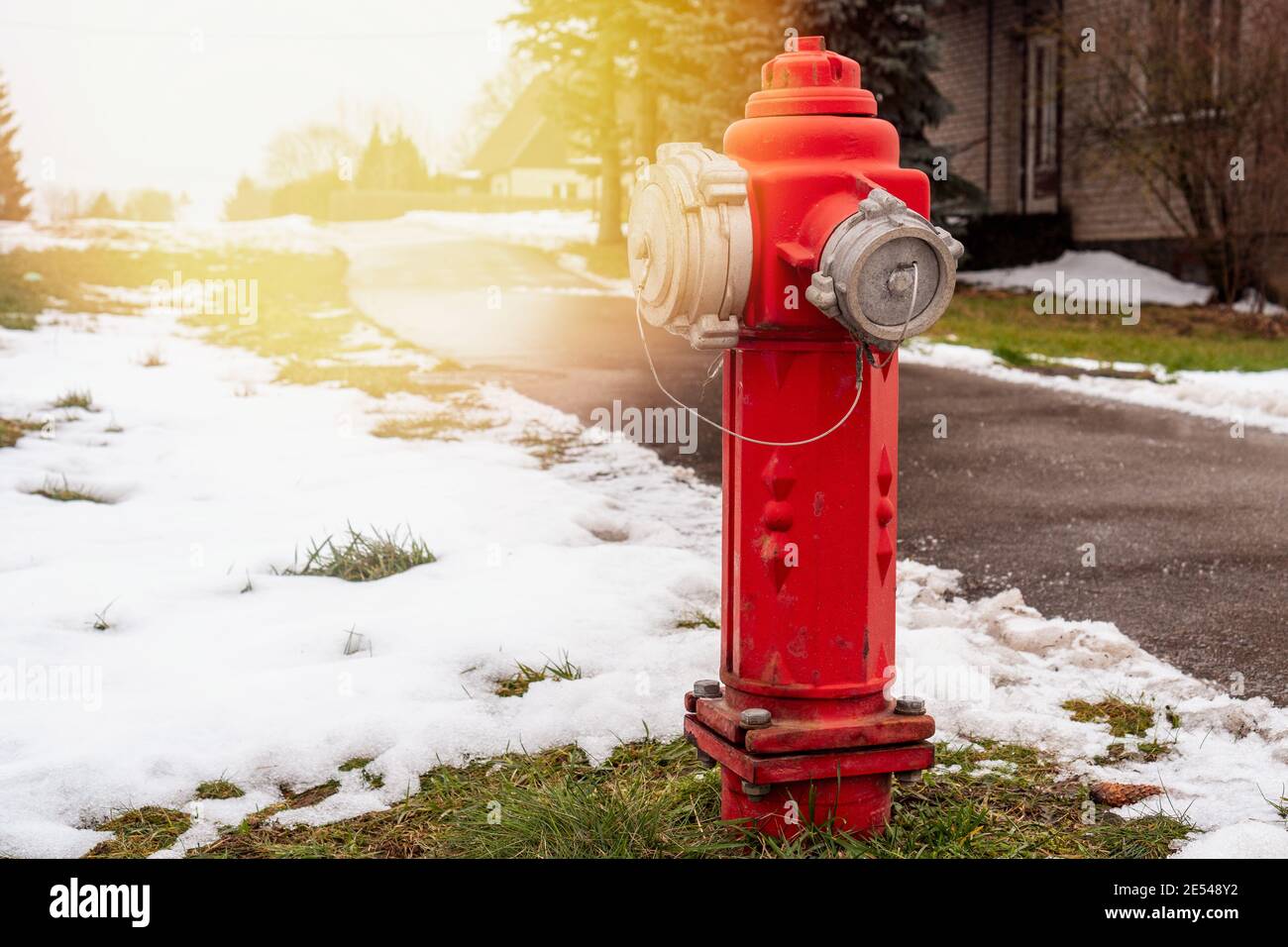 Red fire hydrant in the small town street. Fire hidrant for emergency ...
