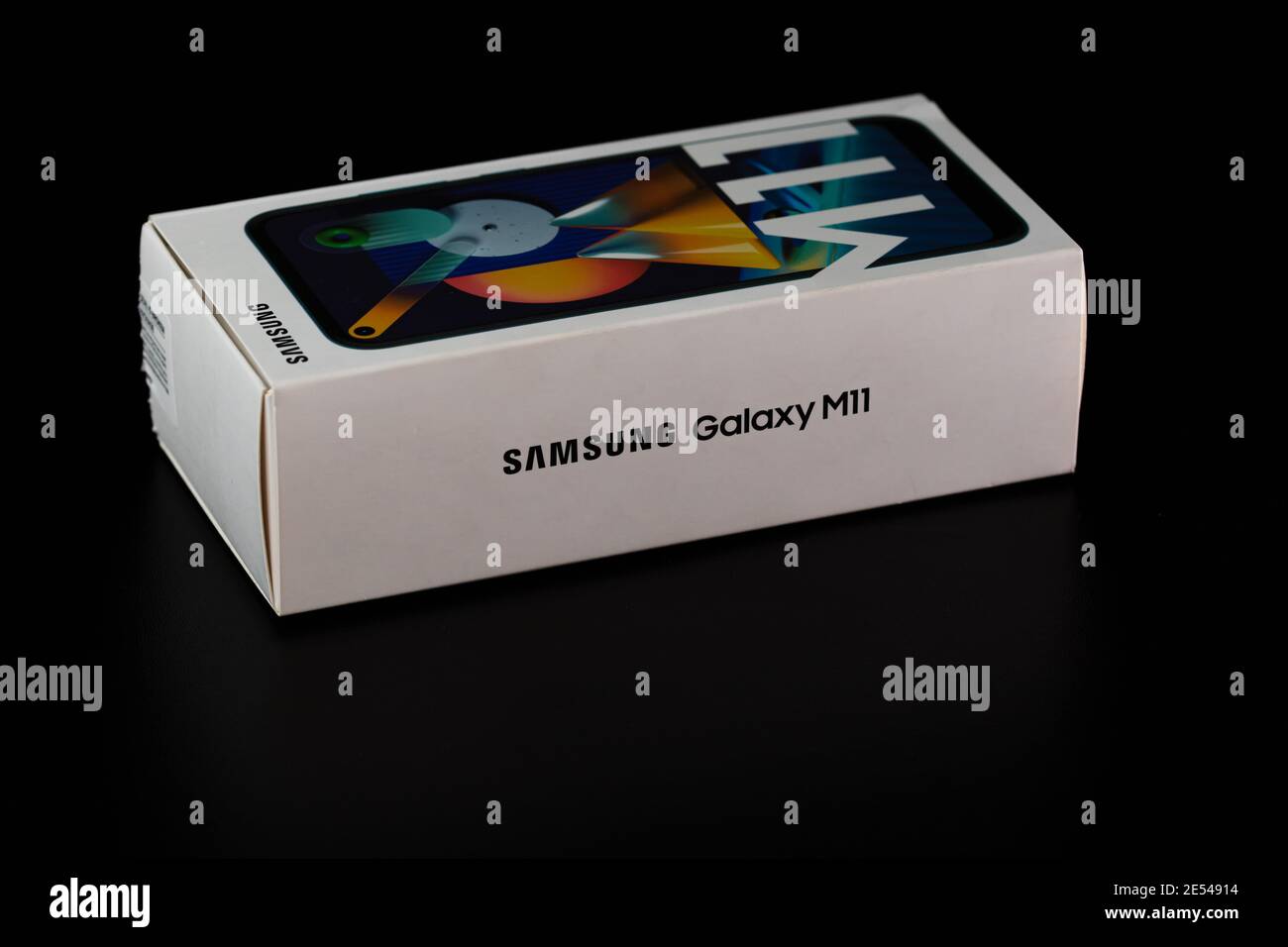 Close up of Samsung Galaxy smartphone box. Unboxing new smartphone ...