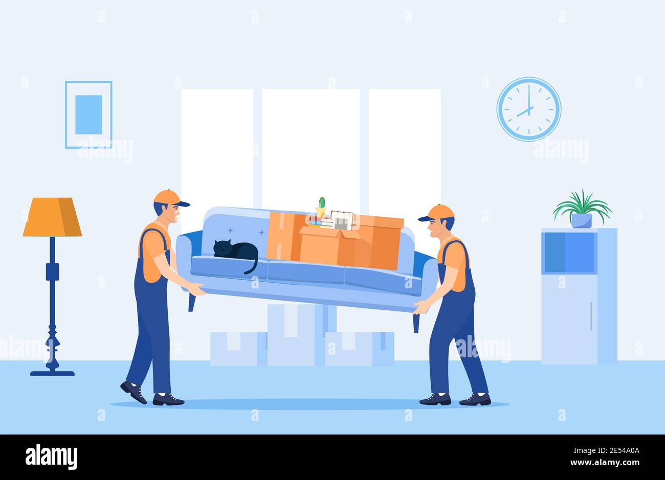 Concept moving house. Men in overalls taking boxes and furniture out of ...