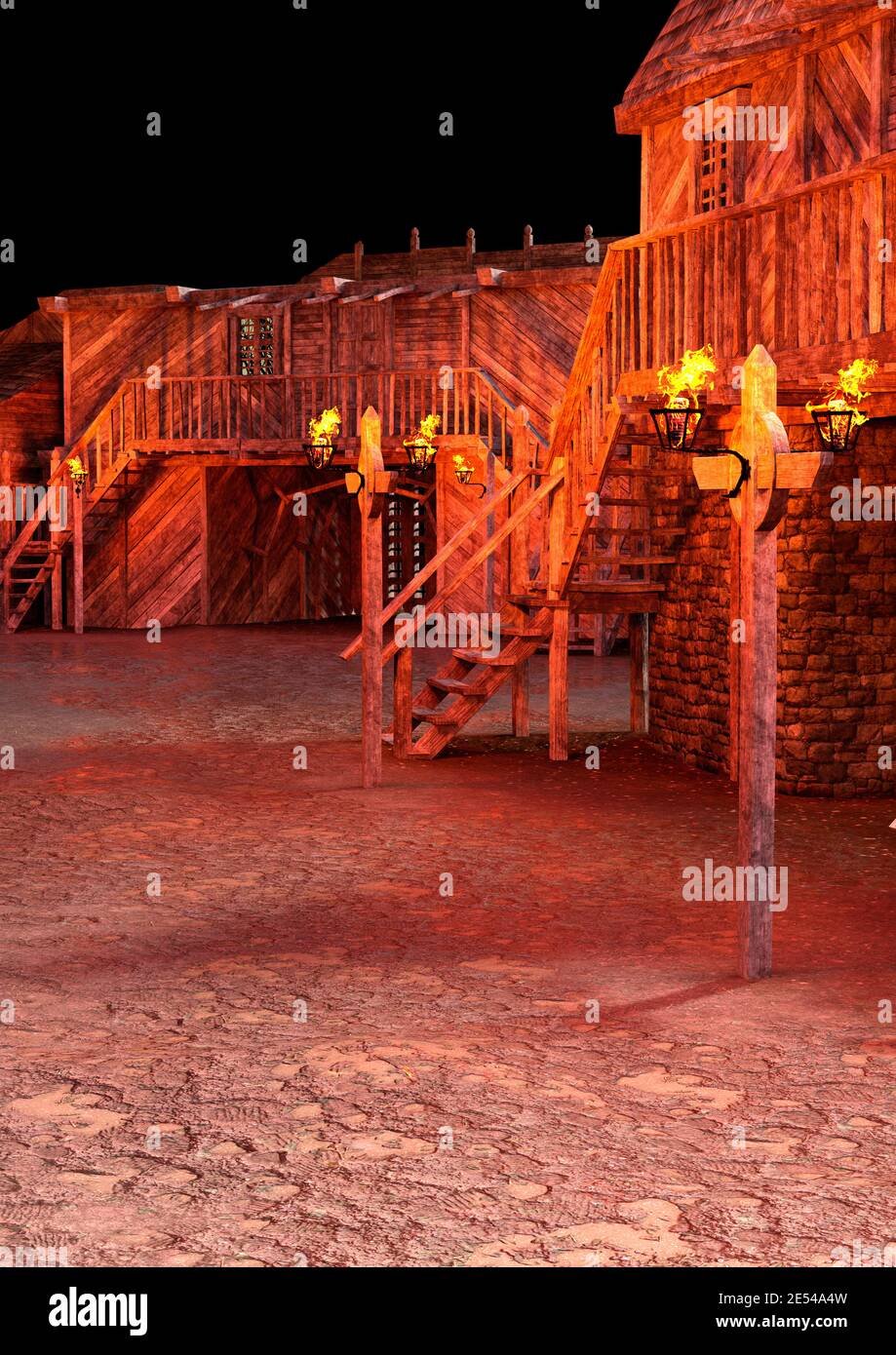 3D rendering of a medieval fortress village at night Stock Photo - Alamy