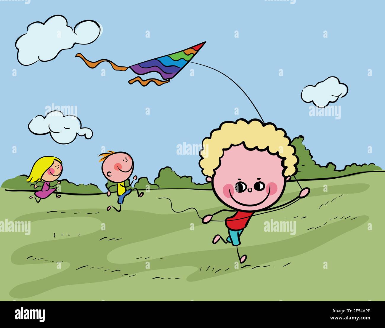 Happy kids flying kites in the park stock illustration vector Stock ...