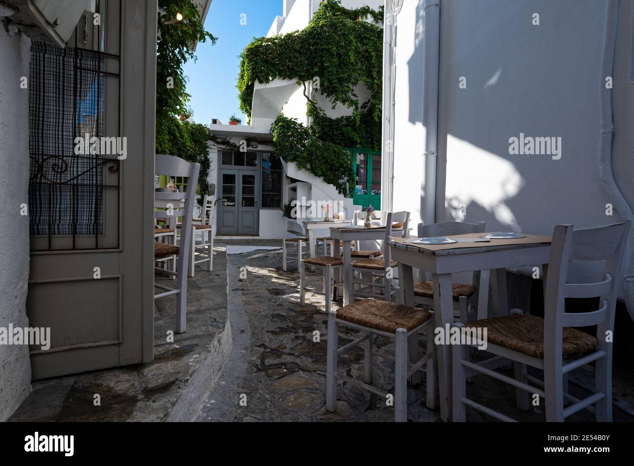 Buildings and narrow street of traditional architecture in Skyros ...