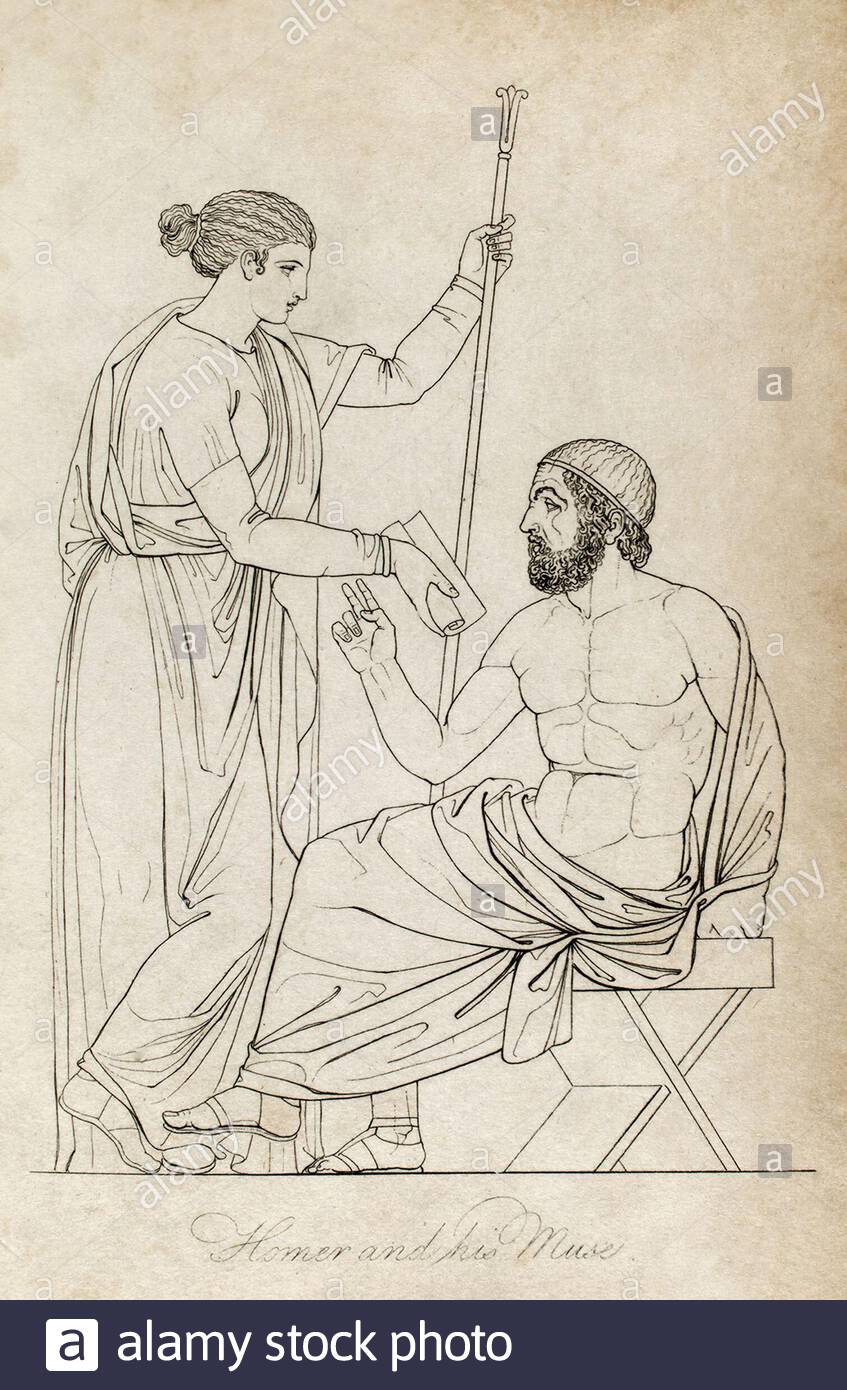 Ancient Greece, Homer and his Muse, vintage illustration from 1814 ...