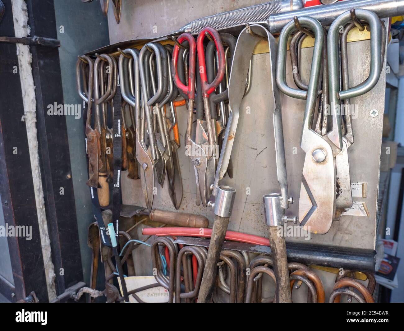 Set of glass cutters and scissors for shaping hot glass on glassblower ...