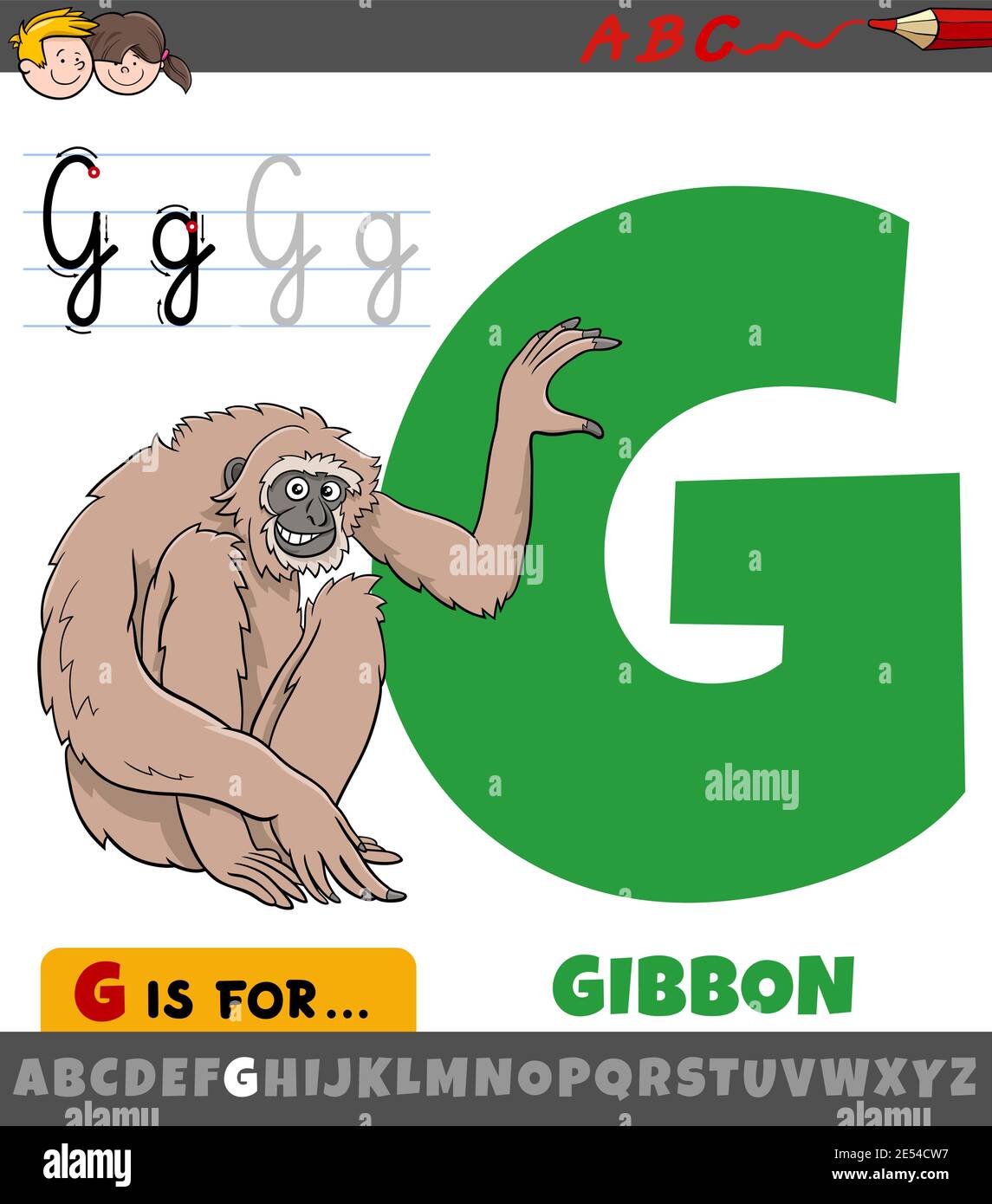 Educational cartoon illustration of letter G from alphabet with gibbon ...