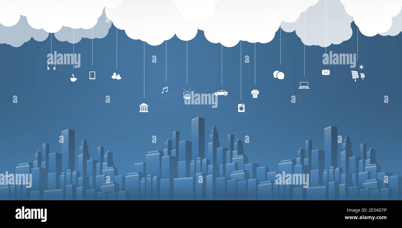 Smart City, Cloud Computing Design Concept with Icons, Cityscape and Clouds - Digital Network ...