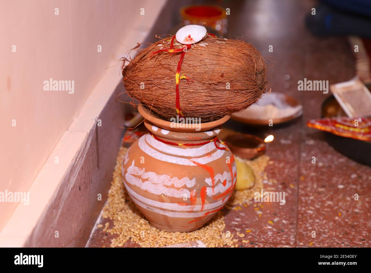 Closeup of coconut and other equipment used in Indian traditional ...