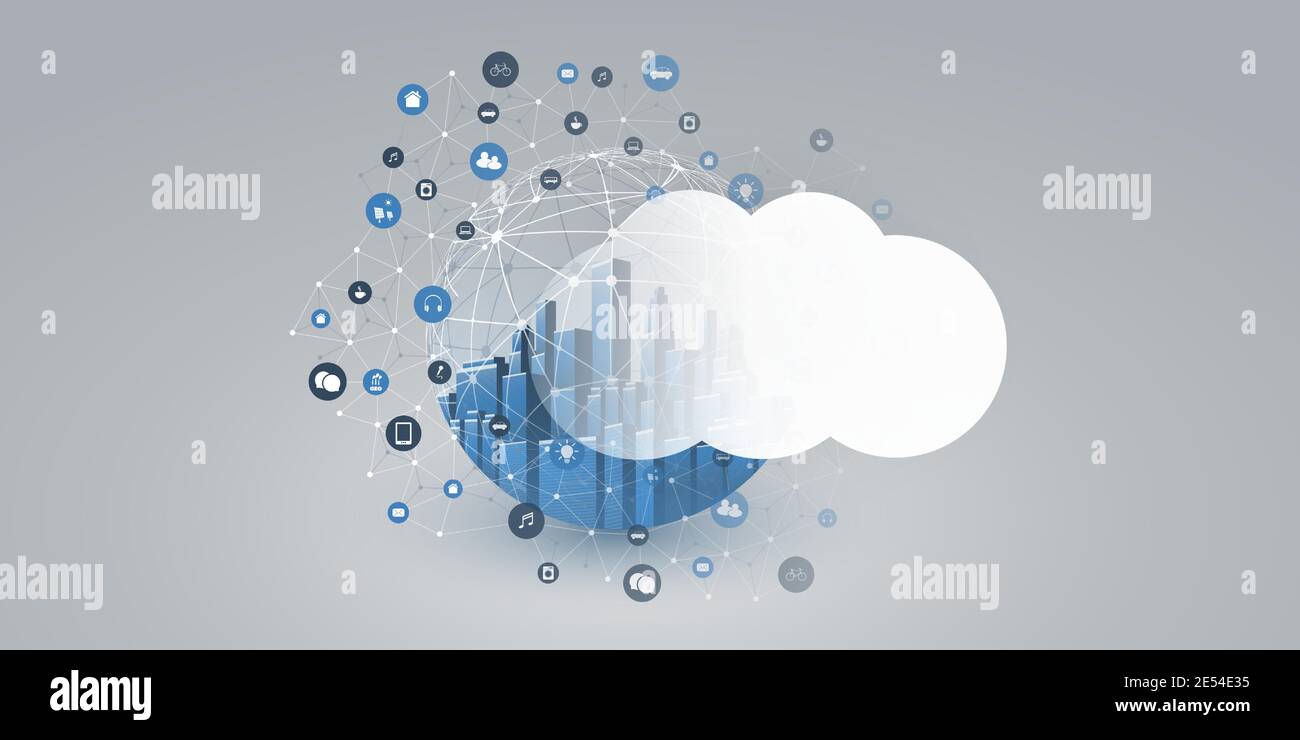 Smart City, Cloud Computing Design Concept with Transparent Globe and Icons - Digital Network ...